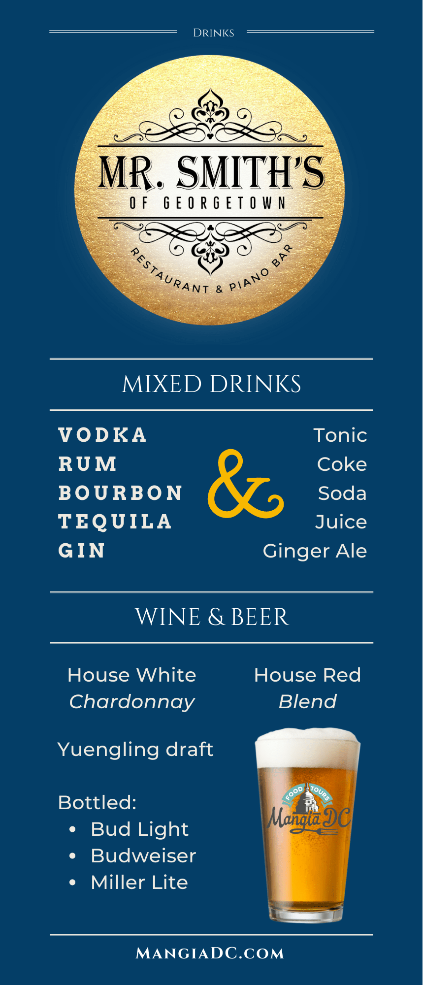 Mr. Smith’s Drink Menu | Mangia DC Metro Food Tours