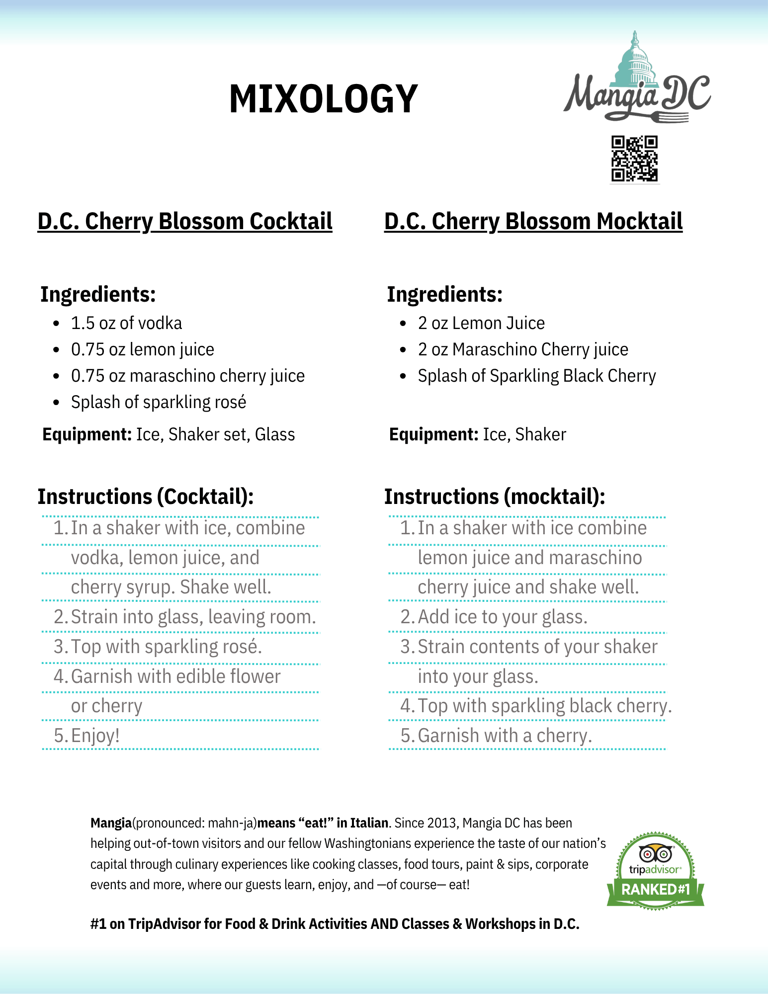 D.C. Cherry Blossom Cocktail & D.C. Cherry Blossom Mocktail | Mangia DC Metro Food Tours