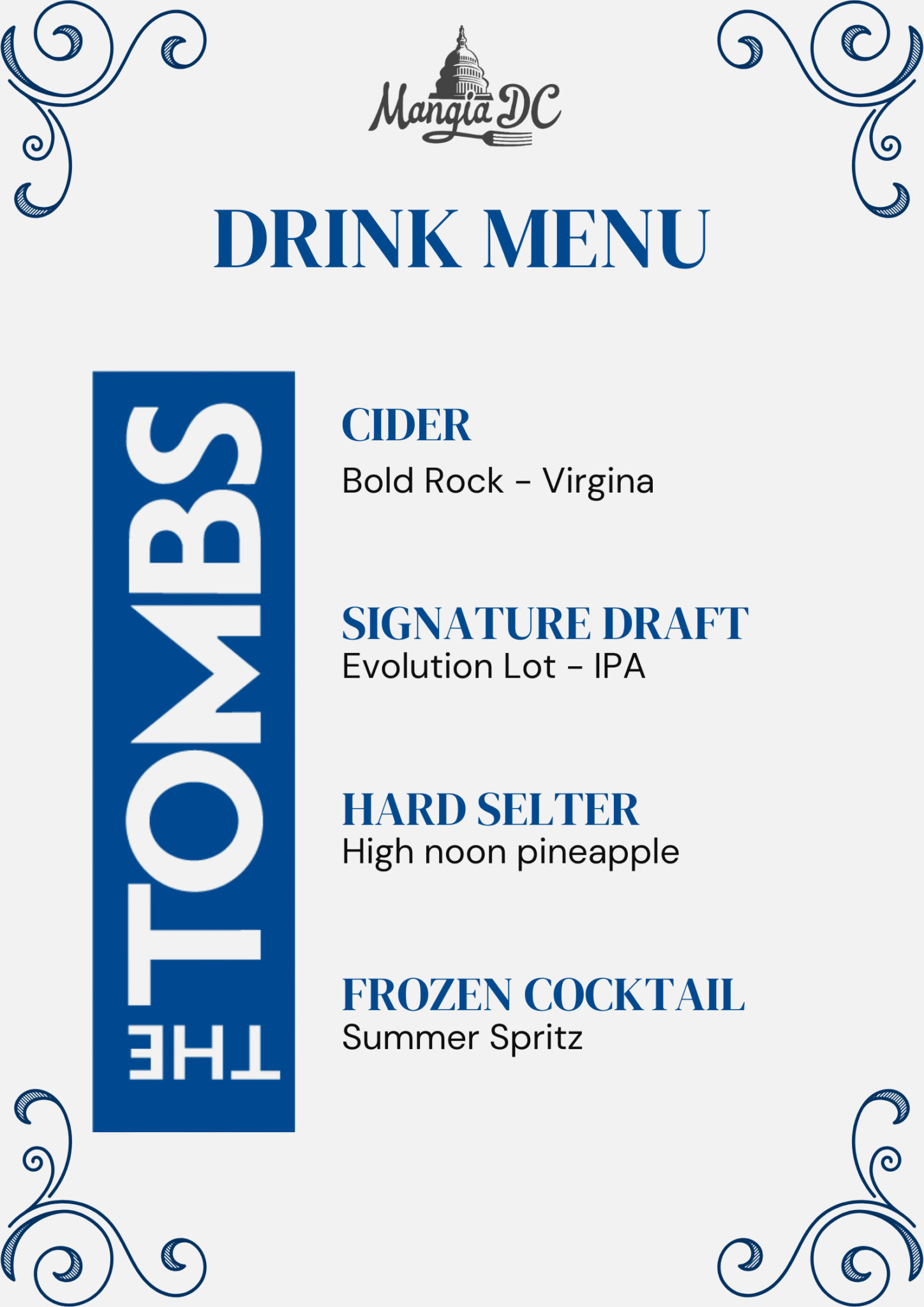 Drink Menu (The Tombs) | Mangia DC Metro Food Tours